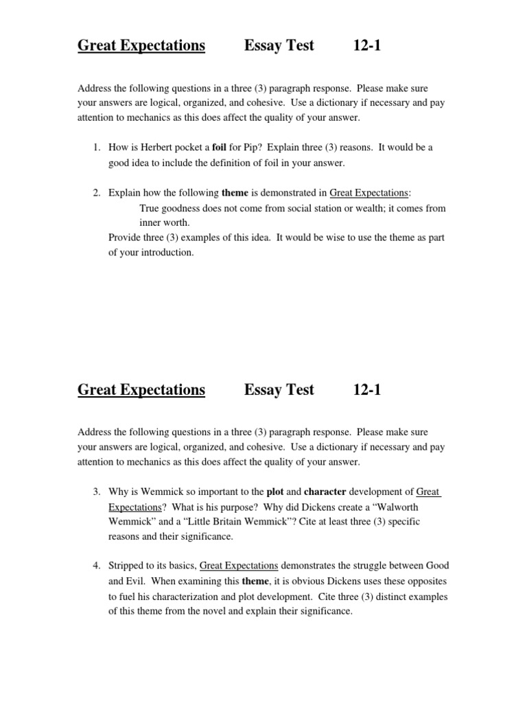 Great Expectations Essay Test Guide | PDF | Great Expectations