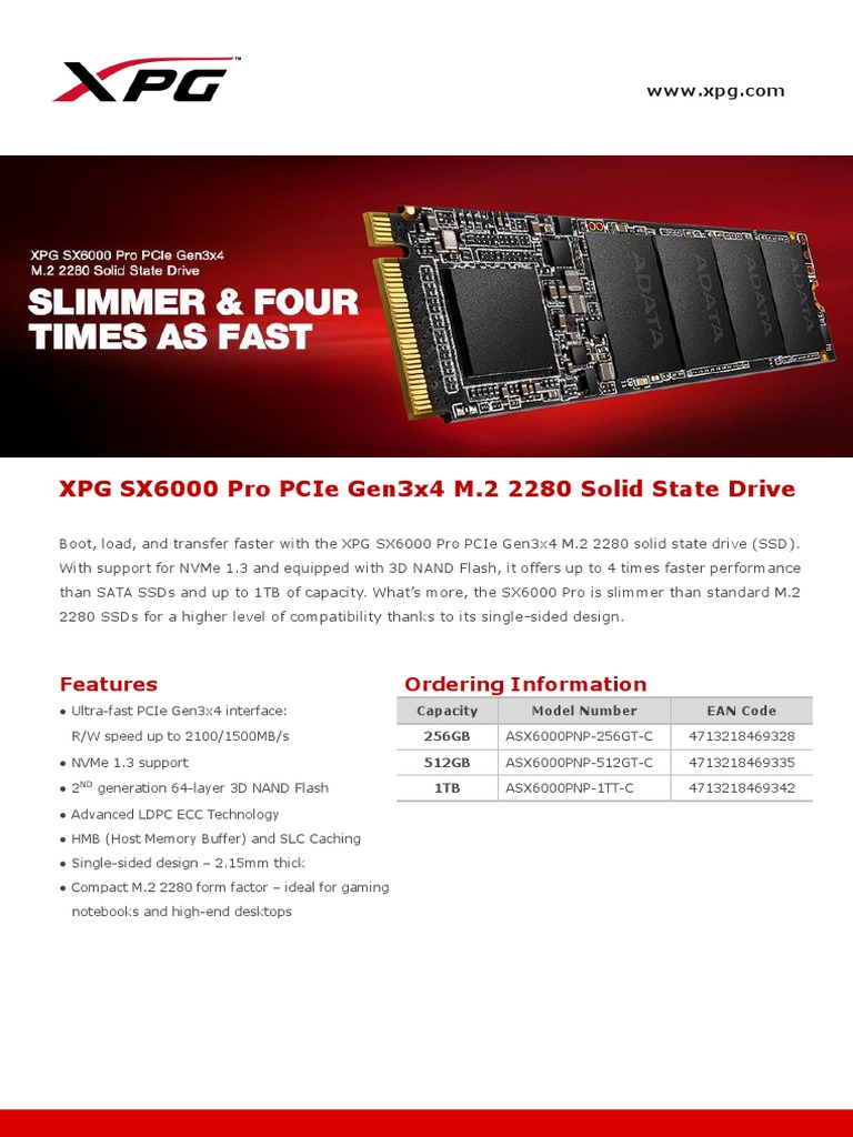 PC Build Datasheet XPG SX6000 Pro en 20180829 2 SSD | PDF | Solid State ...