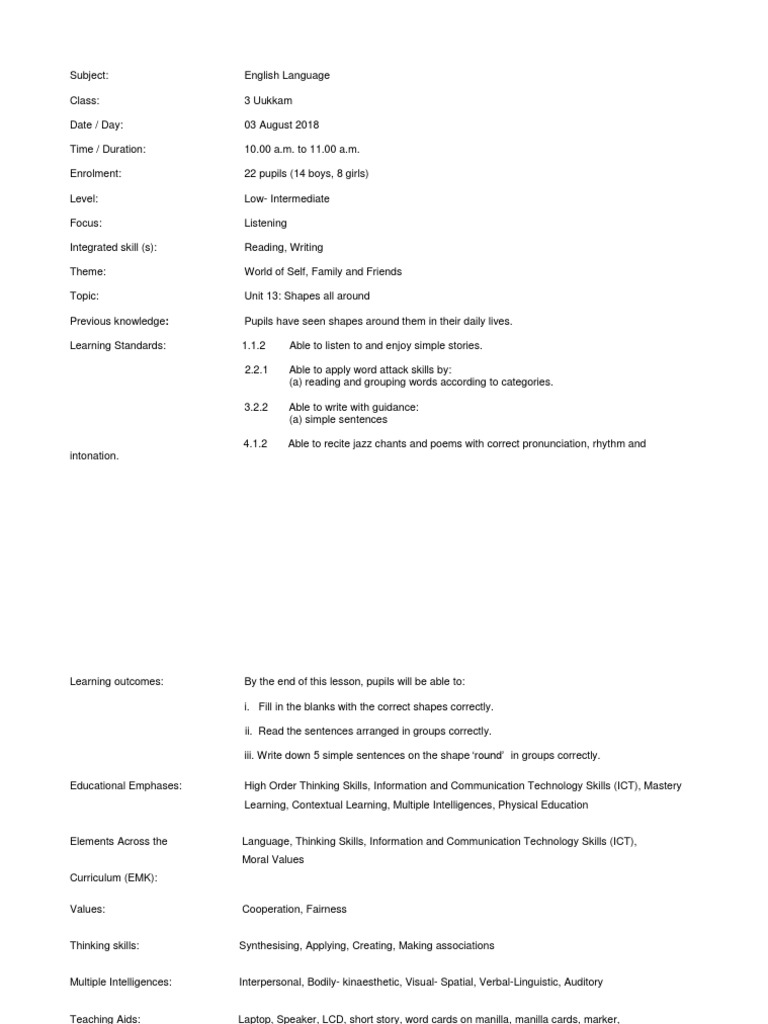 RPH English On Shapes | PDF | Educational Technology | Teachers