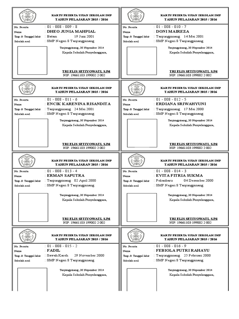 KARTU UJIAN Semester SMP | PDF