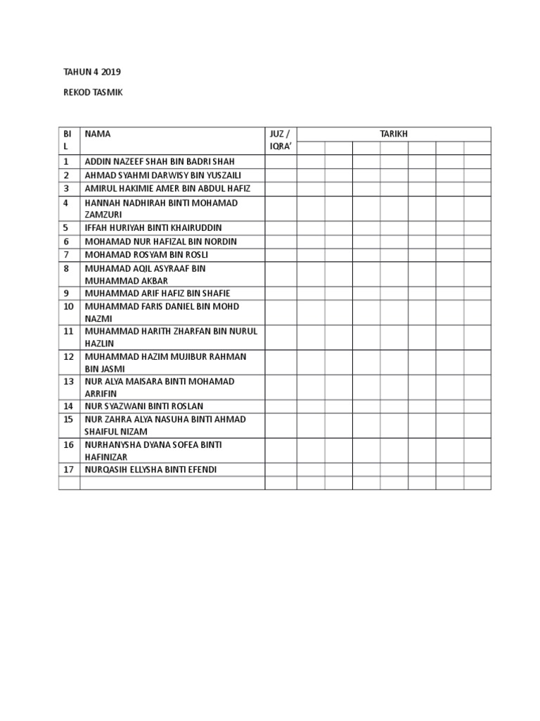 Rekod Tasmik Tahun 4 2019 | PDF