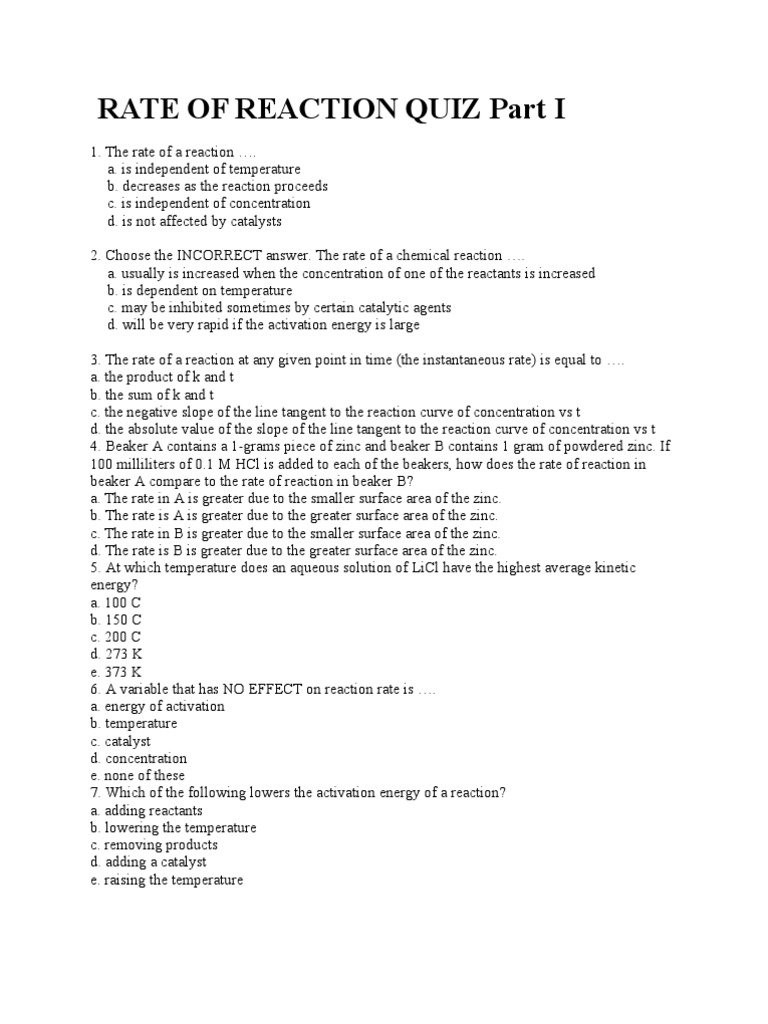 Rate of Reaction Quiz | PDF | Catalysis | Activation Energy