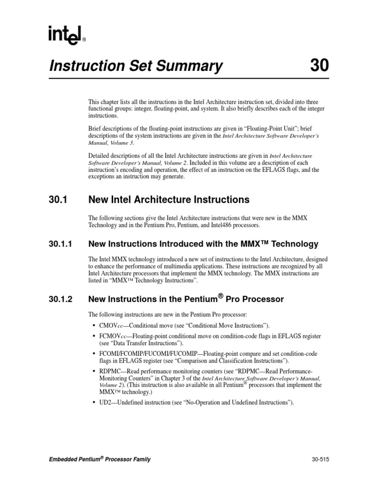 Instruction Set Summary: 30.1 New Intel Architecture Instructions | PDF | Central Processing ...