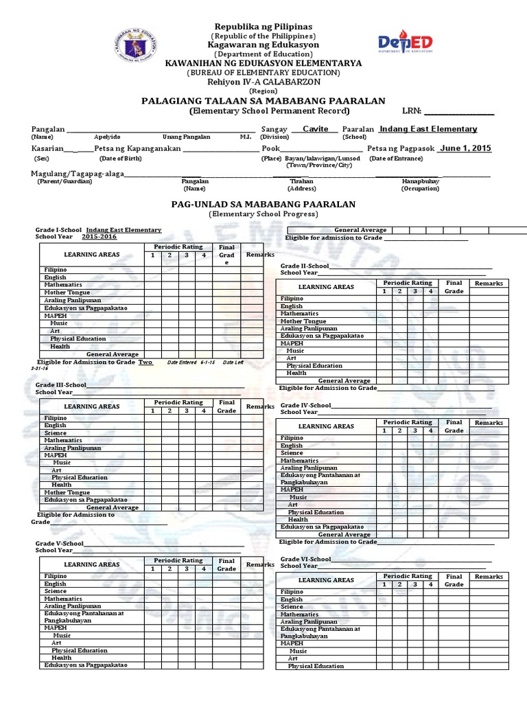 Elementary School Permanent Record | PDF | Primary Education | Social ...
