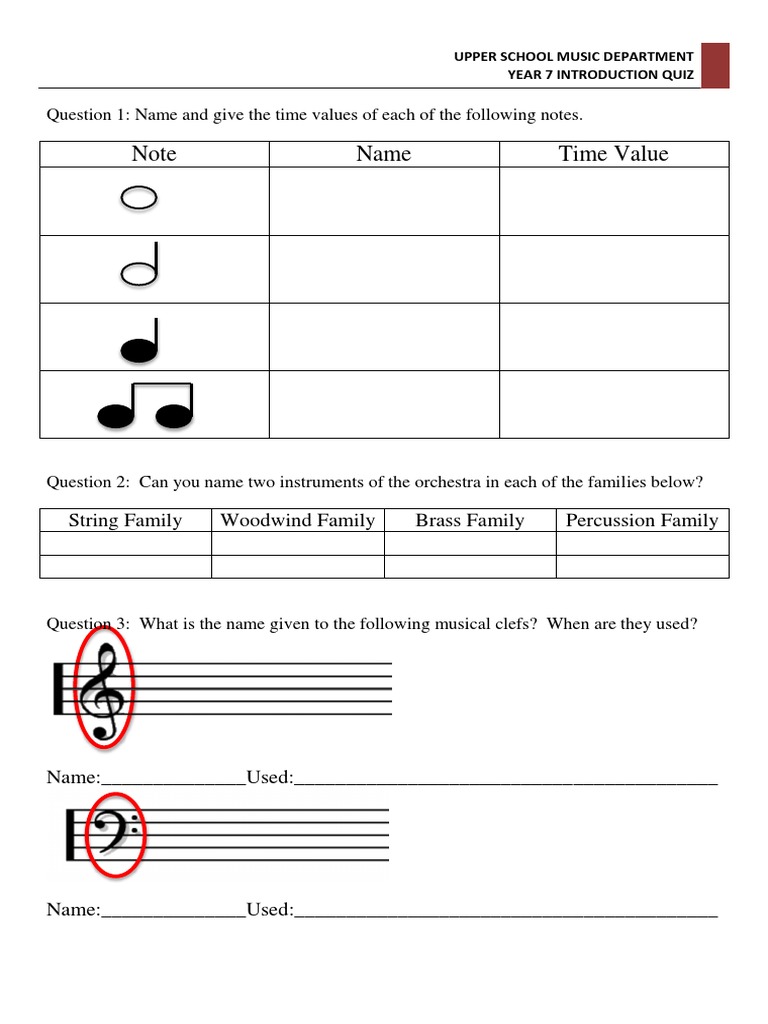 Year 7 Introduction Quiz Music | PDF