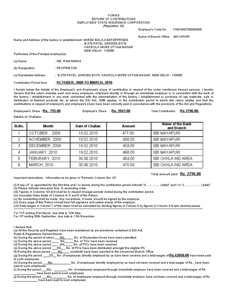 ESIC-Returns Form 5 | PDF | Employment | Economies
