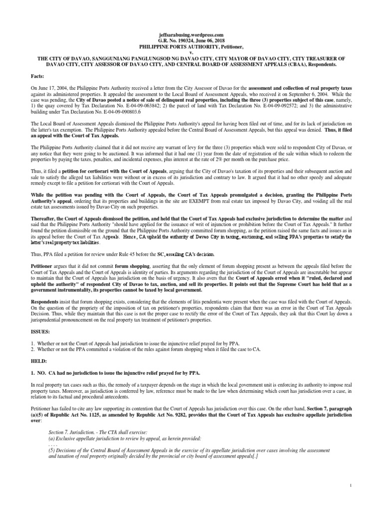 PPA vs. Davao City Tax Jurisdiction Case | PDF | Jurisdiction | Appeal
