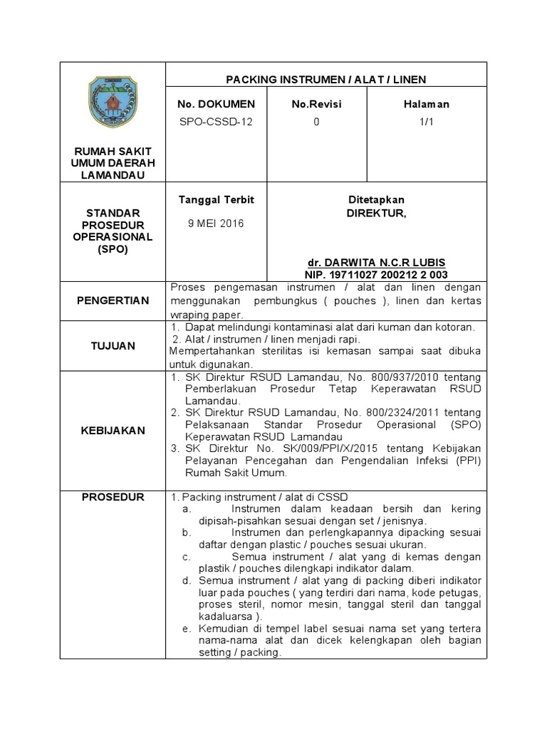 SOP Packing Instrumen dan Linen CSSD | PDF | Teknologi & Rekayasa