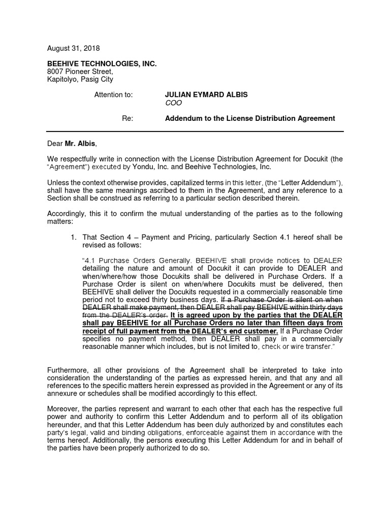 Addendum Letter | PDF | Payments | Private Law