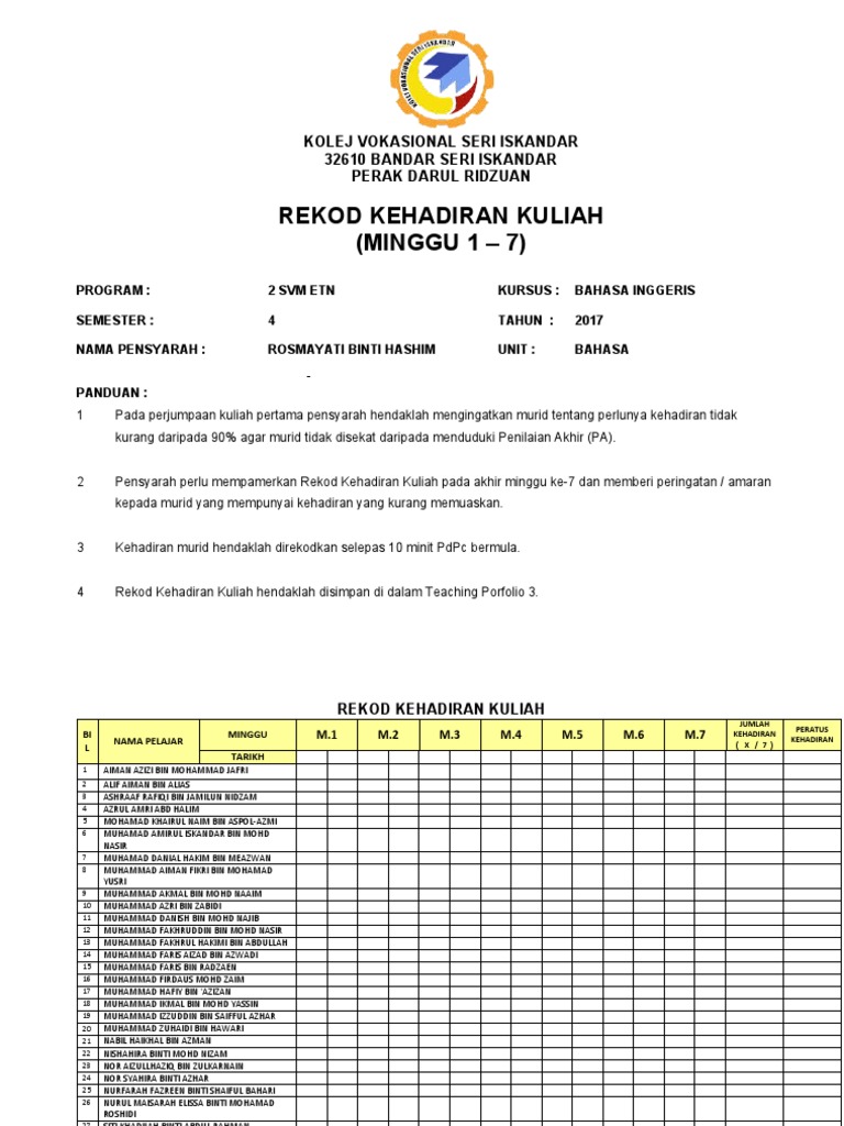1.2 B Contoh Rekod Kehadiran 14 Minggu | PDF