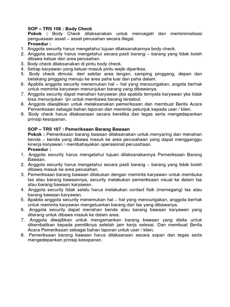 SOP Body Check dan Pemeriksaan Barang | PDF | Bisnis