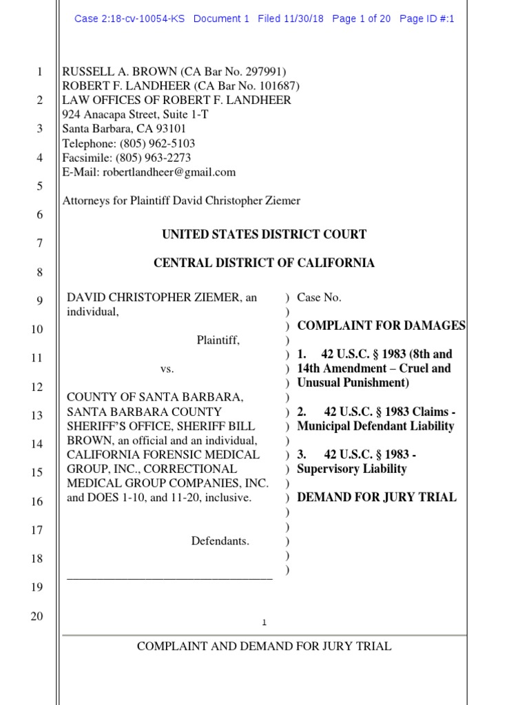 Christopher Ziemer (Inmate) v. Santa Barbara County Sheriffs Office Et ...