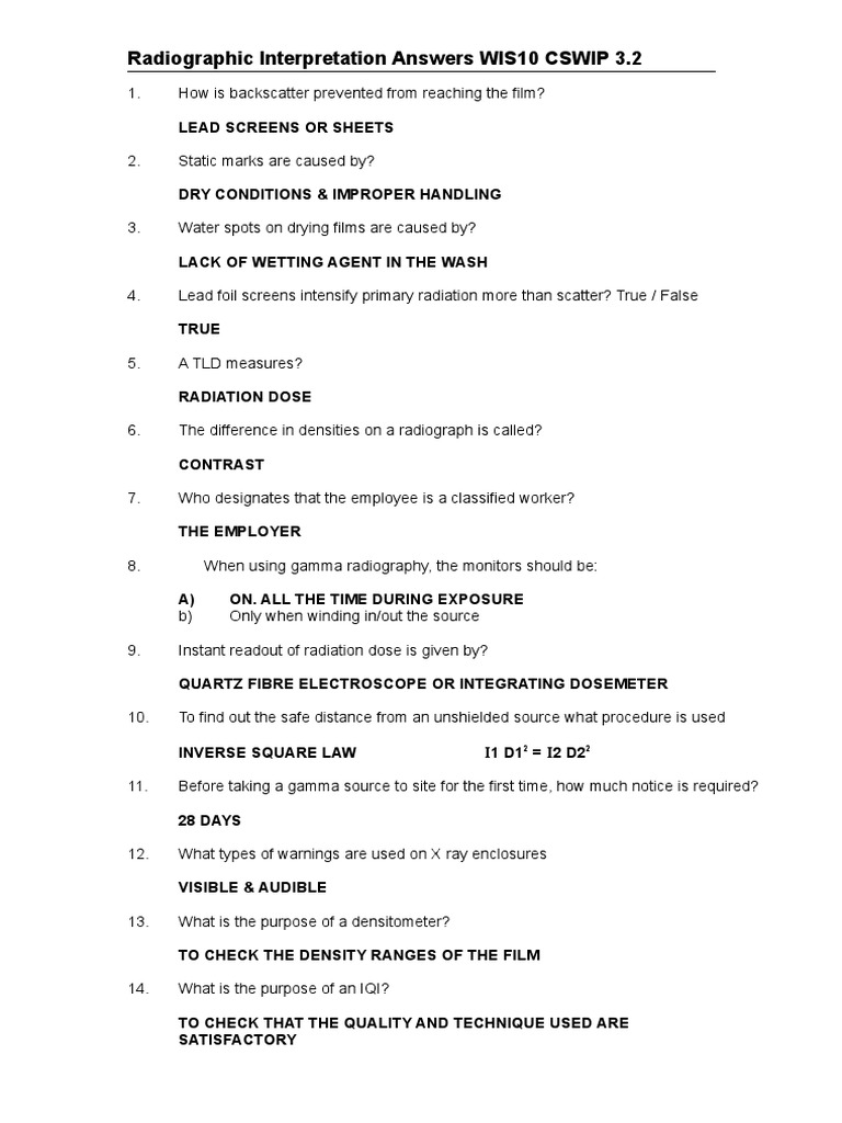 CSWIP 3.2 Radiographic Answers WIS10 | PDF | Radiography | Applied And ...