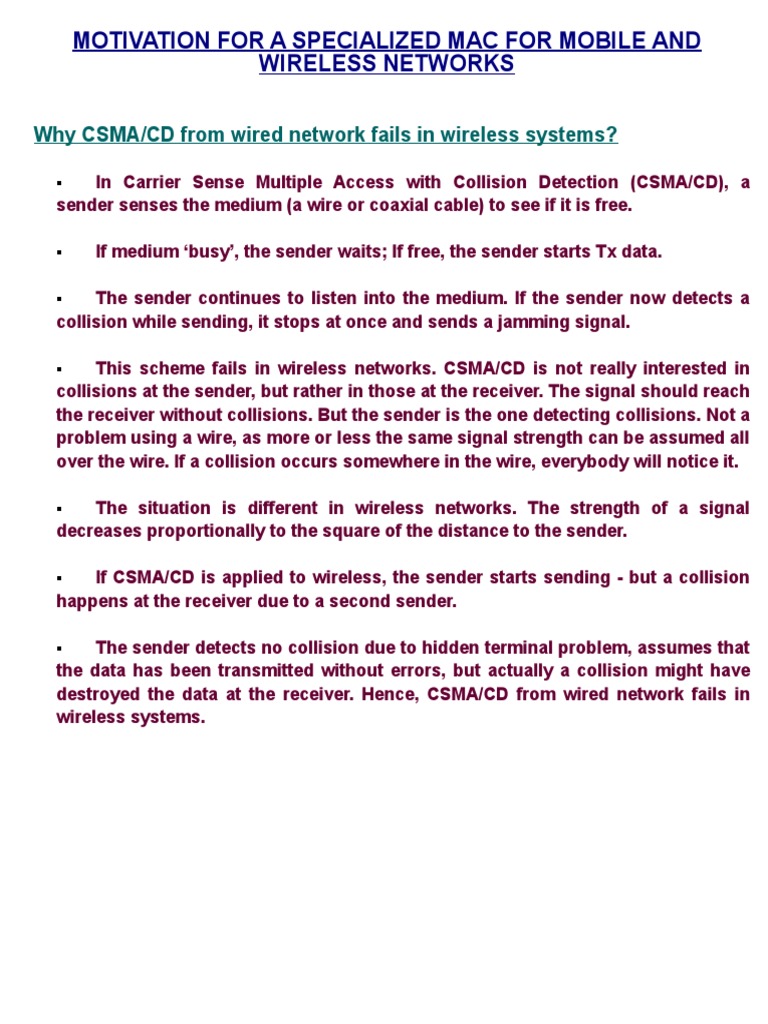 Motivation For A Specialized Mac For Mobile and Wireless Networks | PDF | Channel Access Method ...
