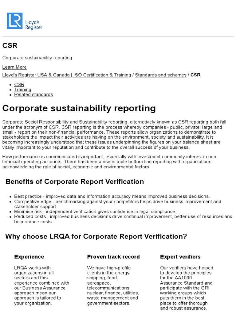 Corporate Sustainability Reporting (CSR) Verification Service - LR USA ...