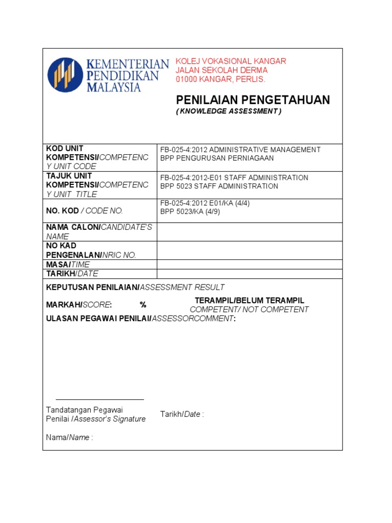 Penilaian Pengetahuan: Y Unit Code | PDF