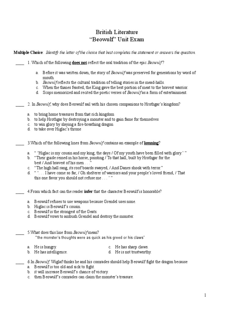 Beowulf Unit Exam Questions | PDF | Beowulf | English Heroic Legends