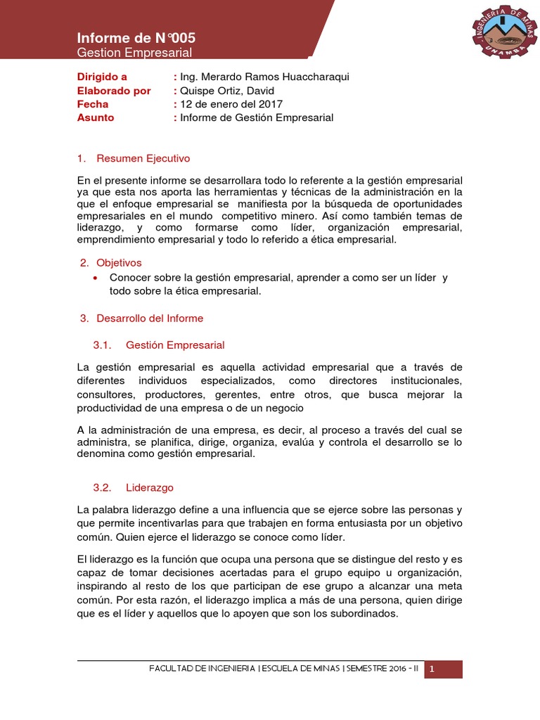 Informe de Gestion Empresarial Imprimir | PDF | Liderazgo | Iniciativa empresarial