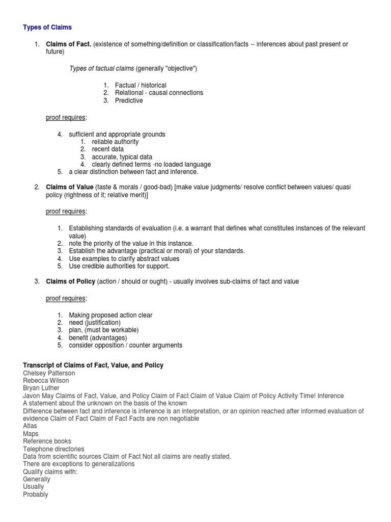 Types of Claims | PDF | Value (Ethics) | Statistical Inference