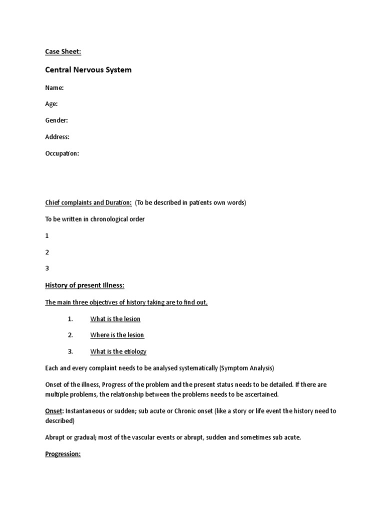 CNS Case Sheet Format and Guidelines | PDF | Somatosensory System | Senses