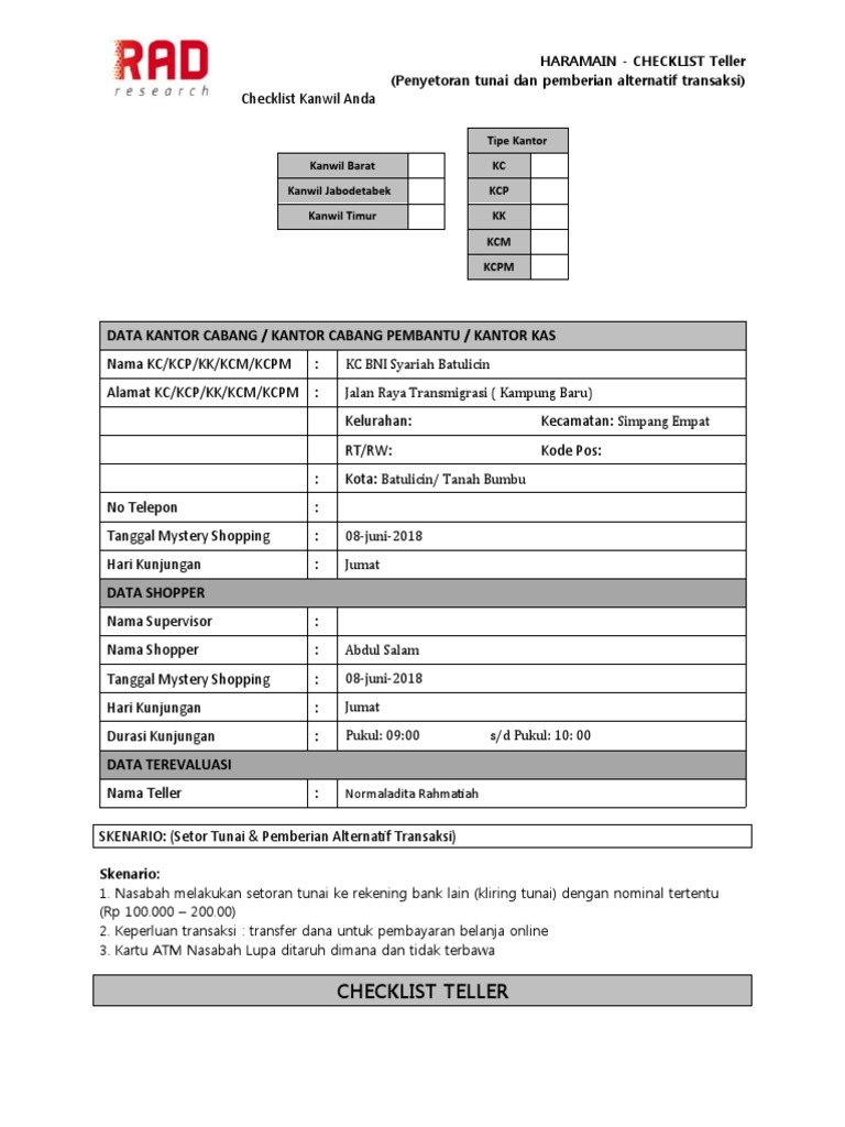 Checklist BNI Syariah - Teller V3 FINAL BTL | PDF