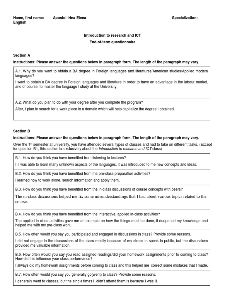 Introduction To Research and ICT Questionnaire 2018 | PDF | Homework ...