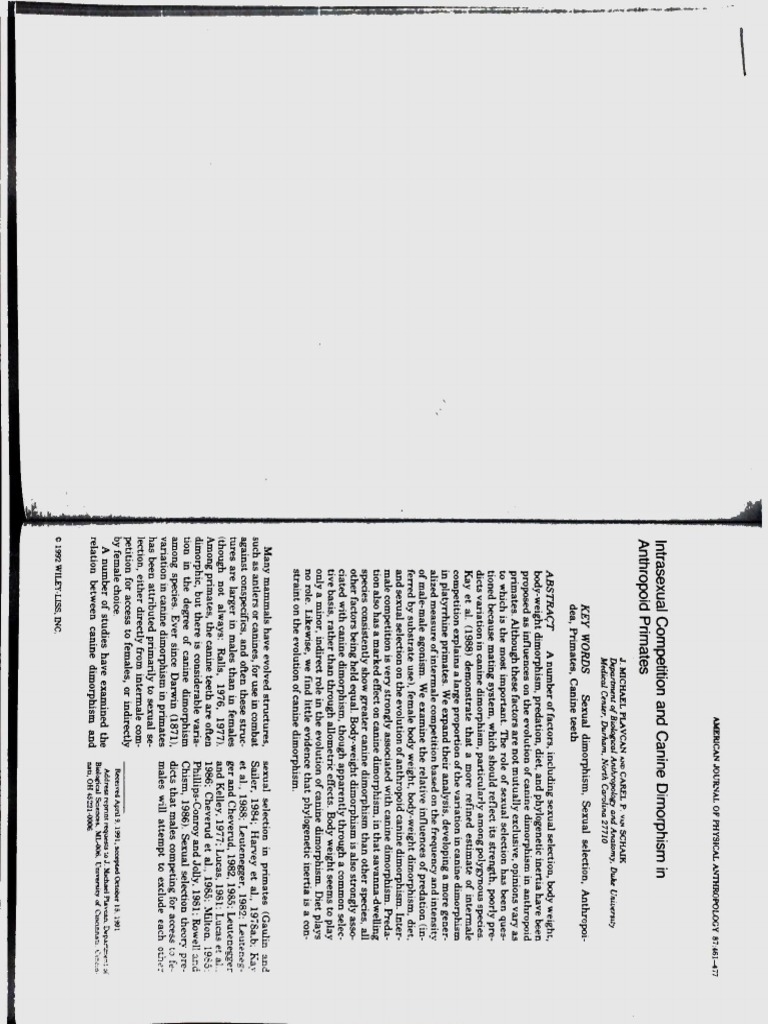 Intrasexual Competition and Canine Dimorphism in Anthropoid Primates ...