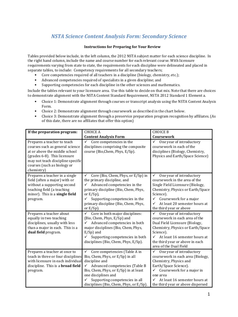 NSTA Science Content Analysis Form: Secondary Science: Instructions For ...