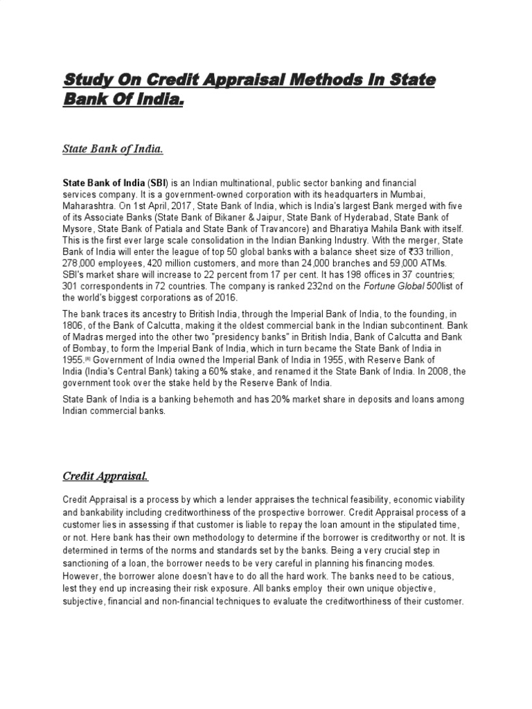 Study On Credit Appraisal Methods in State Bank of India | PDF | Loans ...