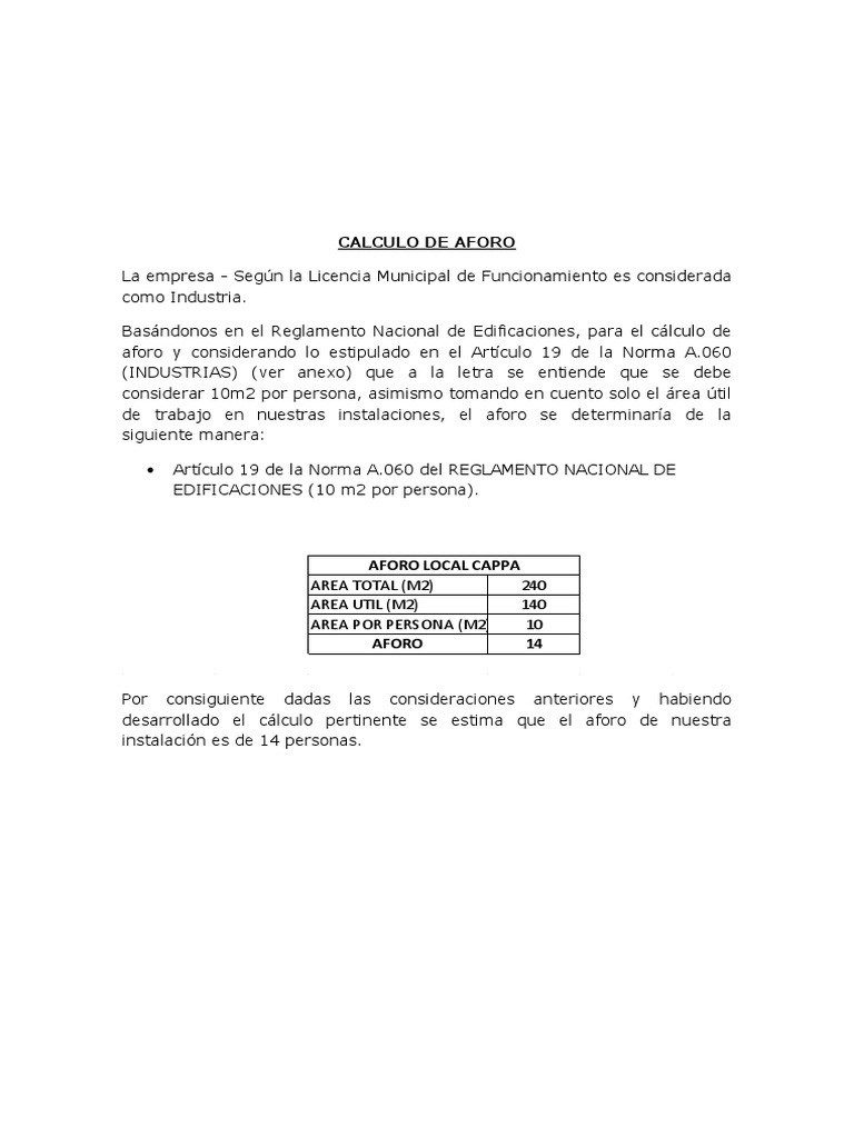 Cálculo de Aforo según Reglamento Nacional | PDF