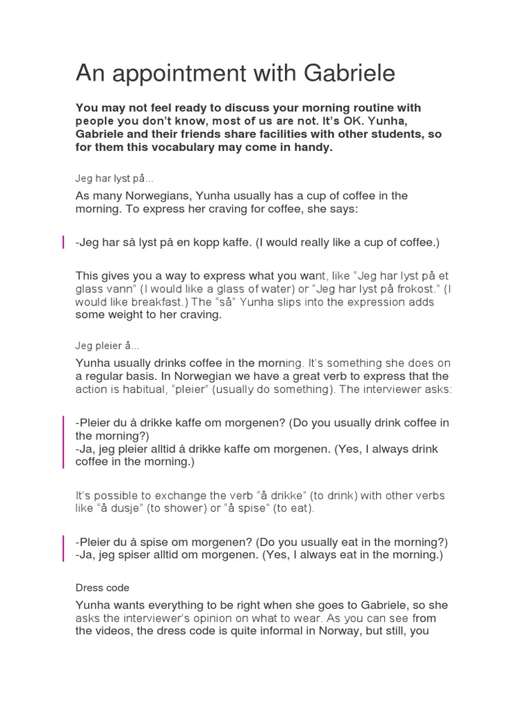 Norwegian Morning Routine Vocabulary | PDF