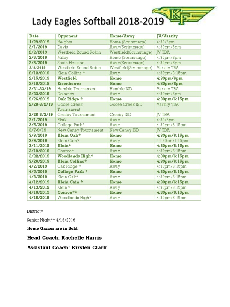 Lady Eagles Softball Schedule 2019 | PDF