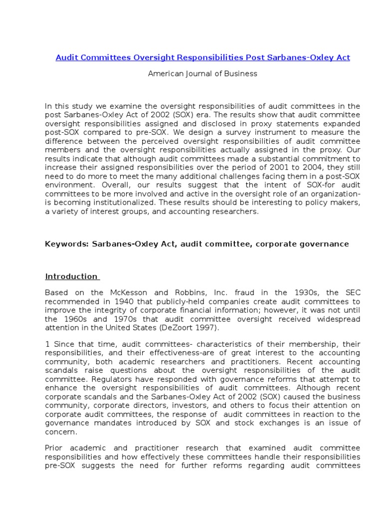 Audit Committees Oversight Responsibilities Post SOX | PDF | Audit ...