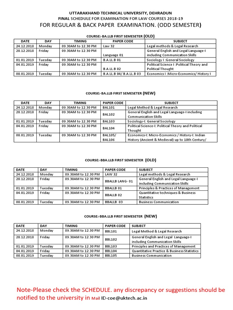 For Regular & Back Paper Examination. (Odd Semester) : Note-Please ...