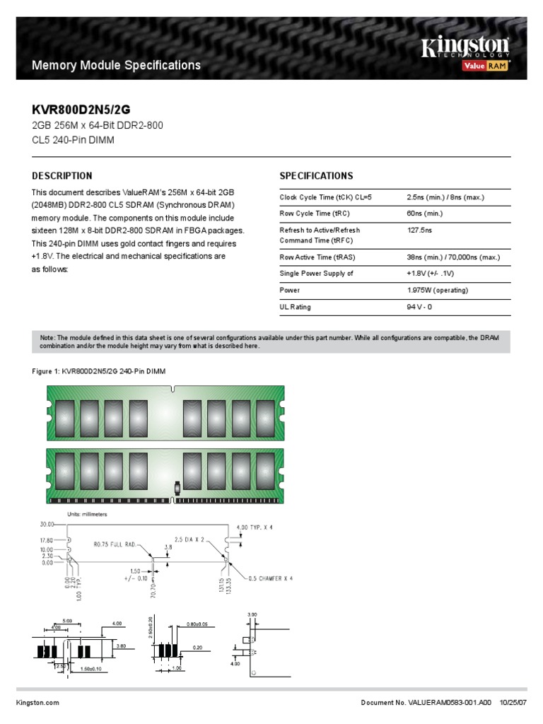 KVR800D2N5/2G: Memory Module Specifications | PDF