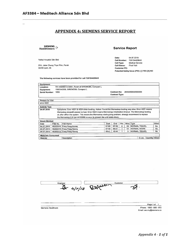 Meditech Alliance Siemens Service Report Appendix | PDF