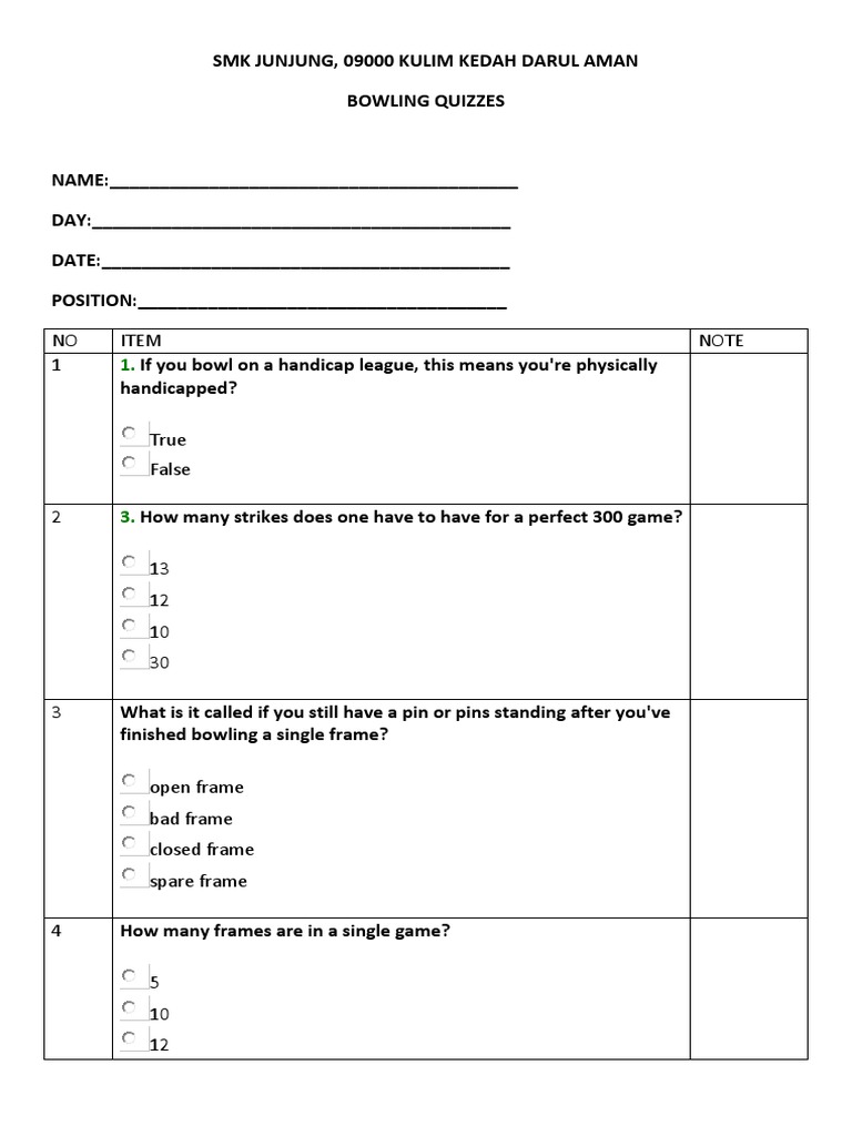 Bowling Quizzes | PDF