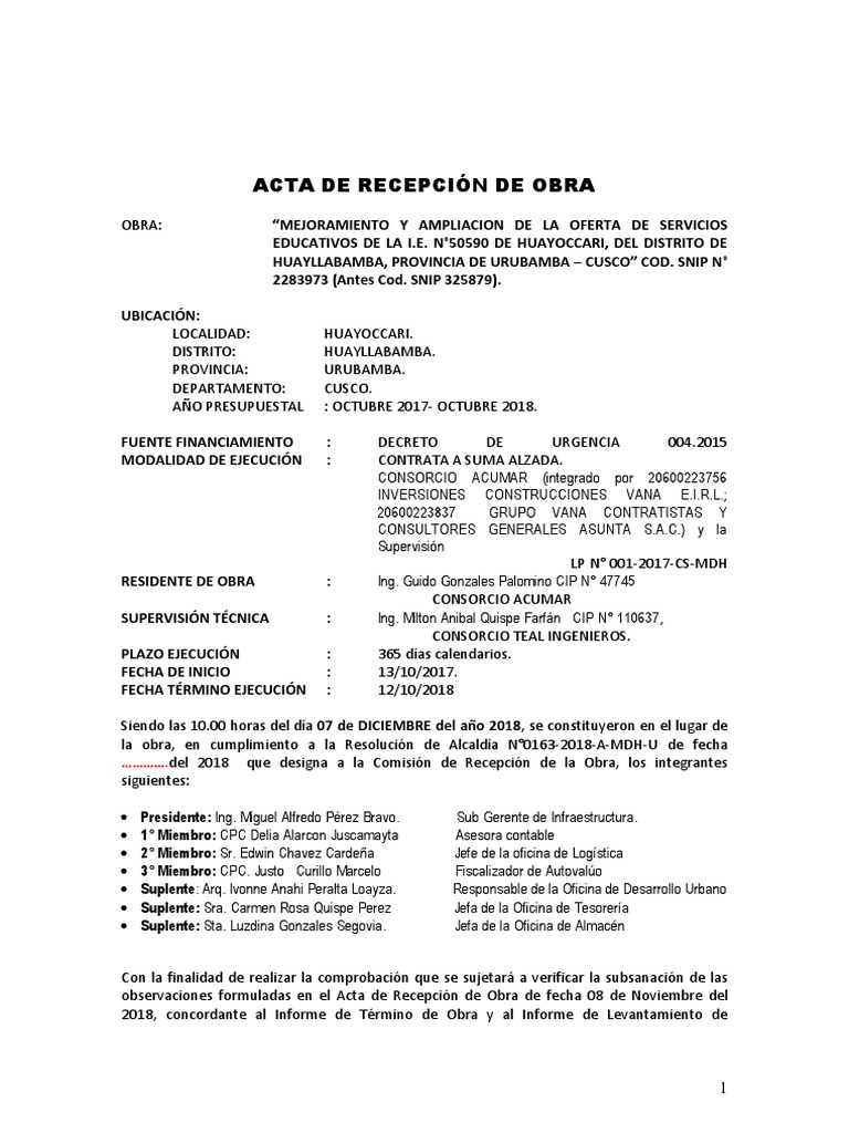 Acta Recepción de Obra | PDF