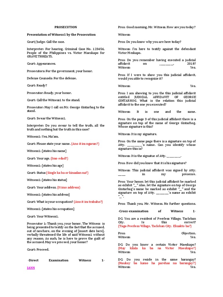 Practice Court - Script - Grave Threats | PDF | Prosecutor | Affidavit