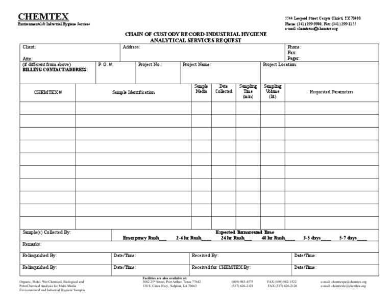 Chemtex: Chain of Custody Record-Industrial Hygiene Analytical Services ...