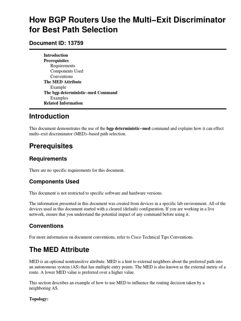How BGP Routers Use The Multi Exit Discriminator For Best Path Selection | PDF | Routing | Ip ...