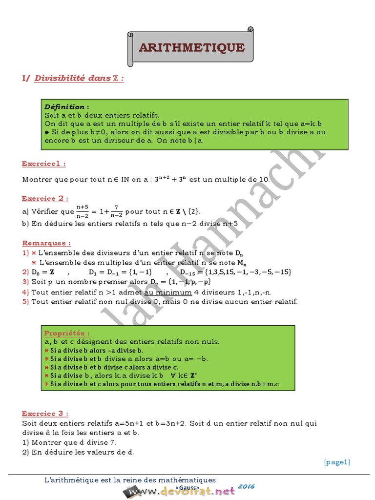 Cours - Math - Arithmétique - Bac Informatique (2015-2016) Mr Salah ...