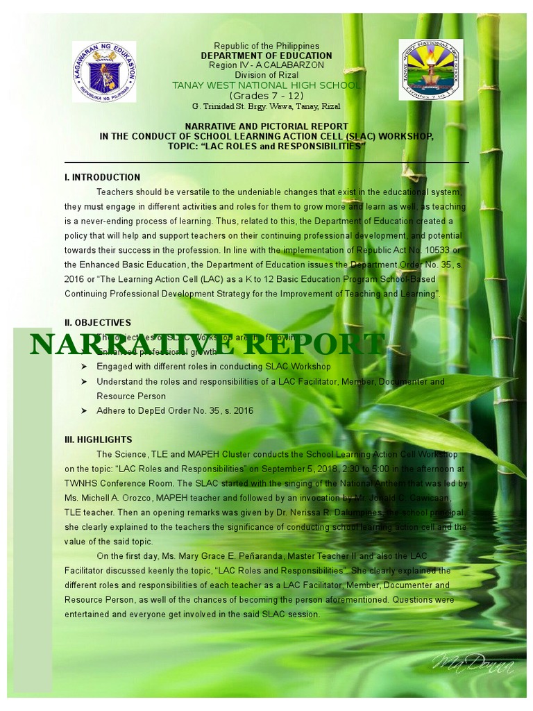 Narrative Report SLAC | PDF | Teaching | Change