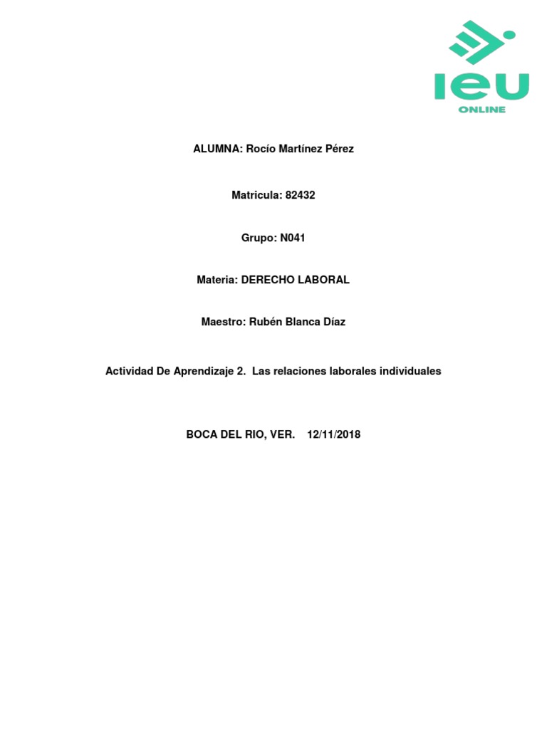 Actividad de Aprendizaje 2. Las Relaciones Laborales Individuales | PDF | Derecho laboral | Salario