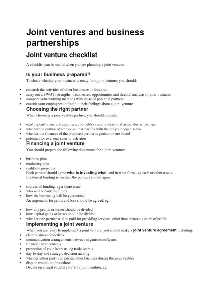 Joint Ventures Checklist | PDF | Joint Venture | Partnership