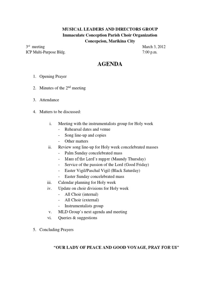 Agenda: Musical Leaders and Directors Group Immaculate Conception ...