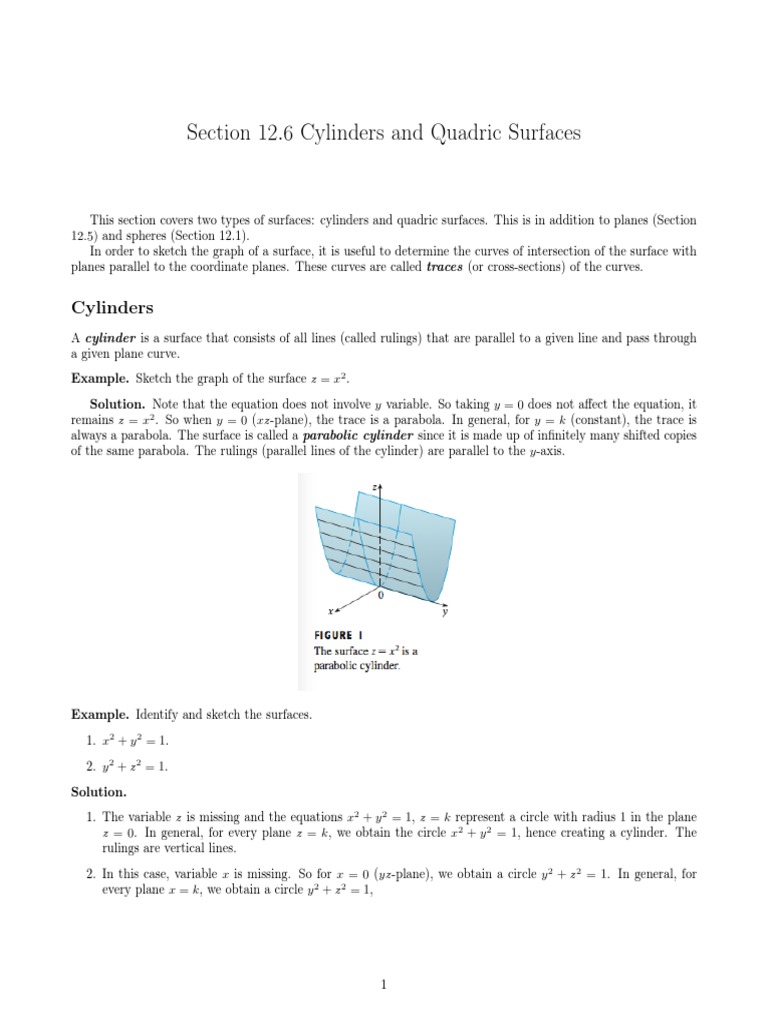 Section 12.6 Cylinders and Quadric Surfaces | PDF | Manifold | Algebraic Geometry