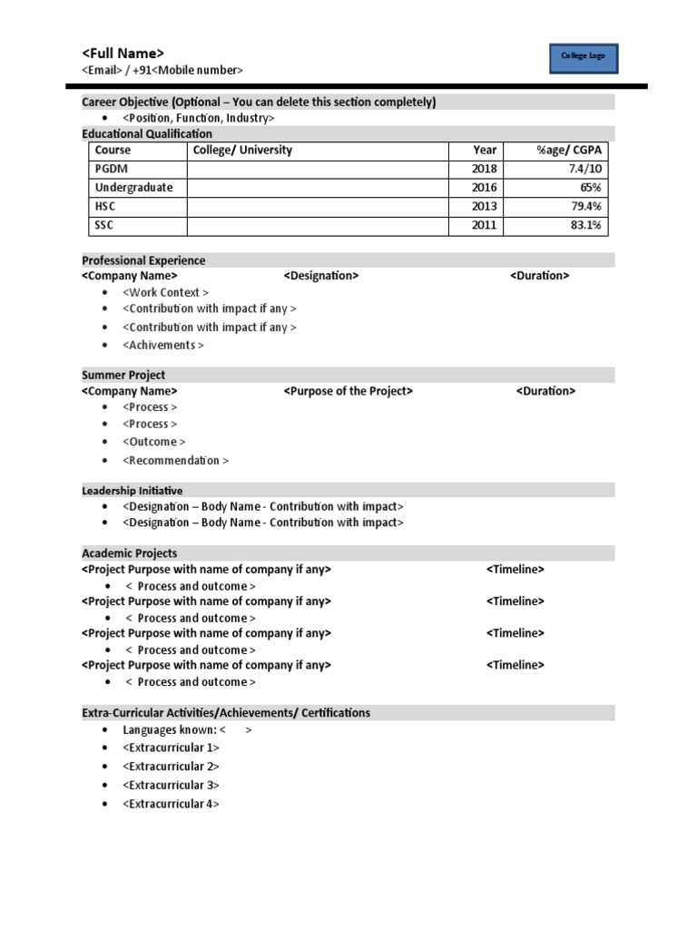 Blank Resume Template for Students | PDF