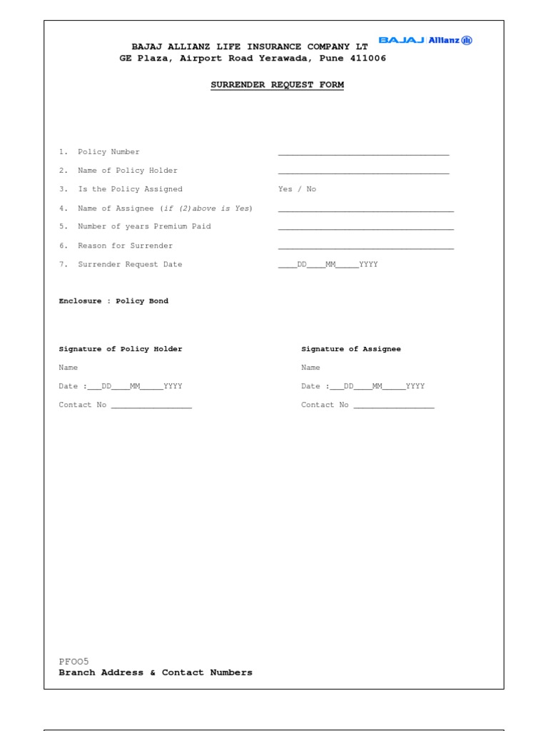 Surrender Request Form | PDF | Life Insurance | Banks