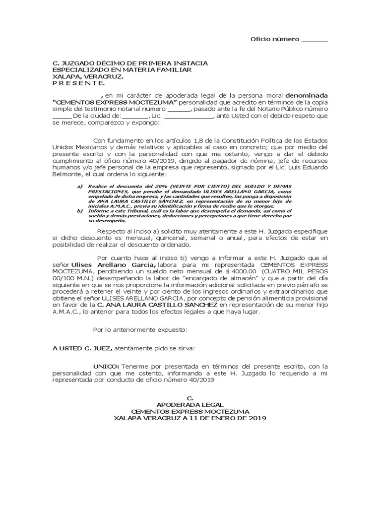 Oficio para Contestar Juzgado | PDF | Manutención de los hijos ... Oficio para Contestar Juzgado | PDF | Manutención de los hijos ...